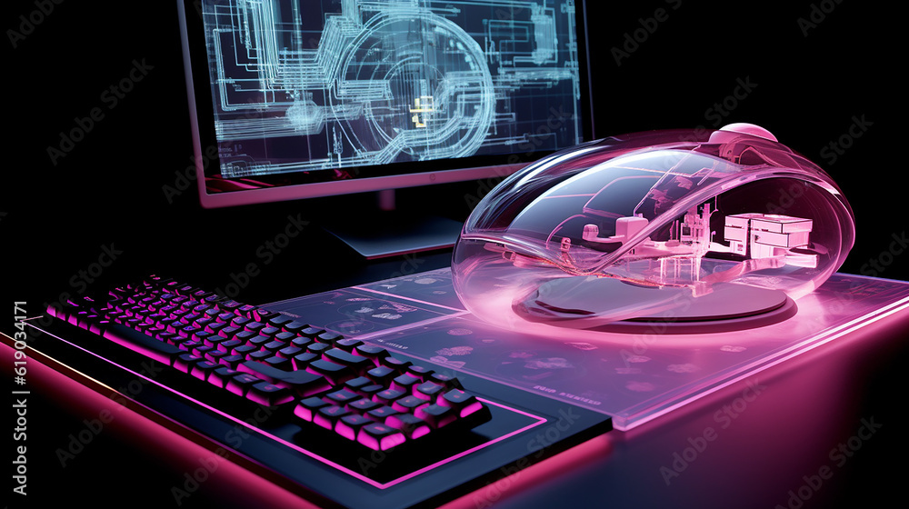 Generative AI image of a 3D wireframe projection of a computer mouse, showcasing its ergonomic ...