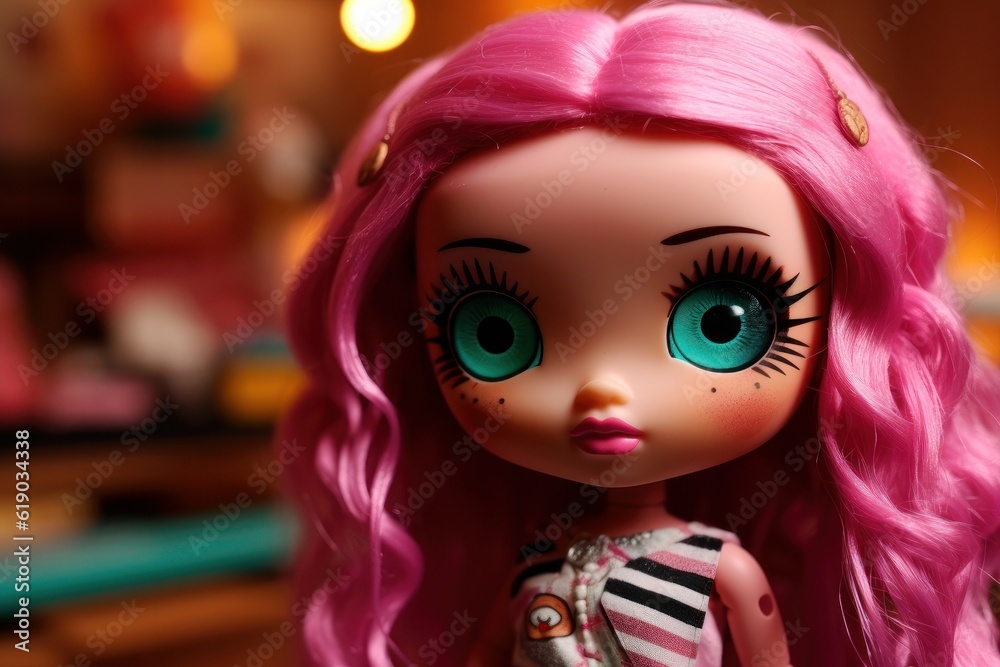 Cute Sad doll with big blue eyes and red hair Close up. Sad toy doll ...