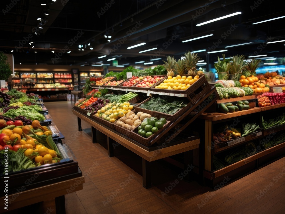 The interior of a supermarket filled with fruit and vegetable on the ...