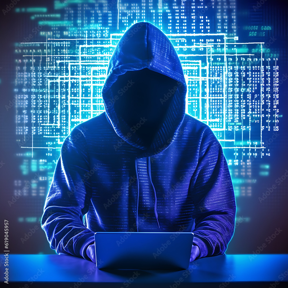 Silhouette Of An Anonymous Hacker On Blue Binary Code And Lights Matrix