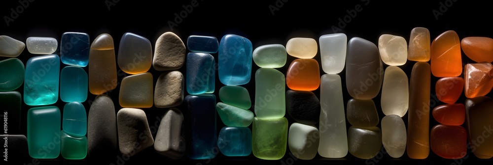 Colorful sea beach stones, transparent minerals, gravel, blue and ...