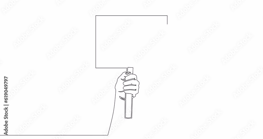 Self drawing line animation hand holding signboard with exclamation ...