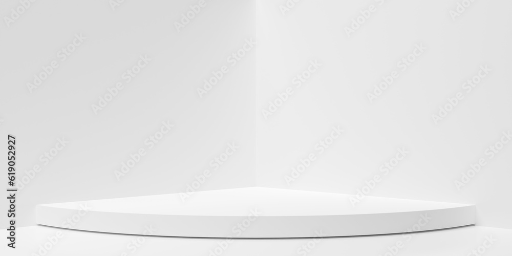 Empty, blank round dais or platform in white room background with ...