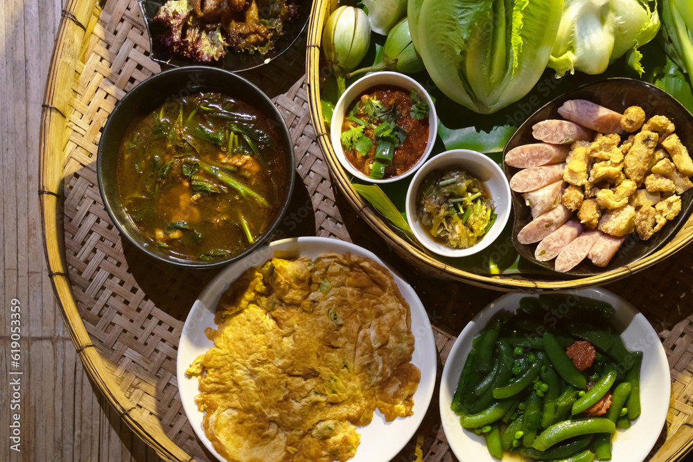 Thai food Northern style (Khan-Toke); spicy minced pork salad, thai ...