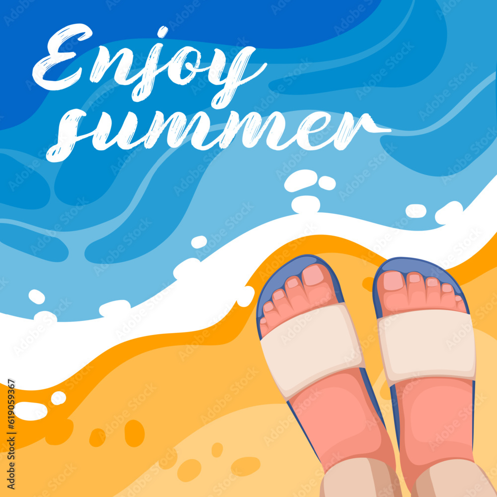 Enjoy summer banner with legs of man in beach shoes on sand vector ...