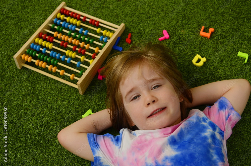 Little boy with colorful abacus learning counting. Kids study and learn ...