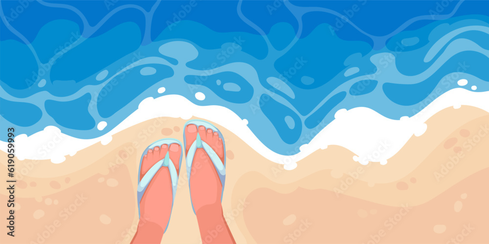 Top view of feet in flip flop on sandy beach vector illustration ...