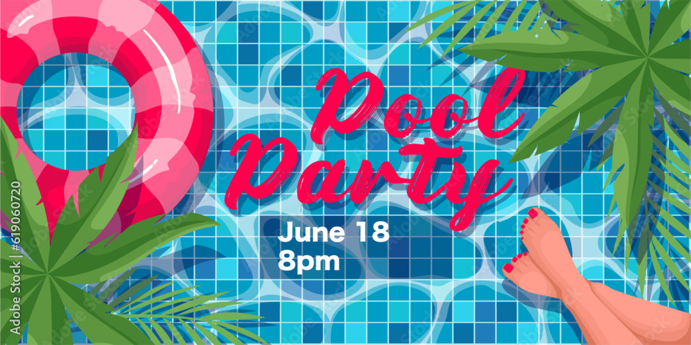 Pool party invitation poster vector illustration. Cartoon top view of ...