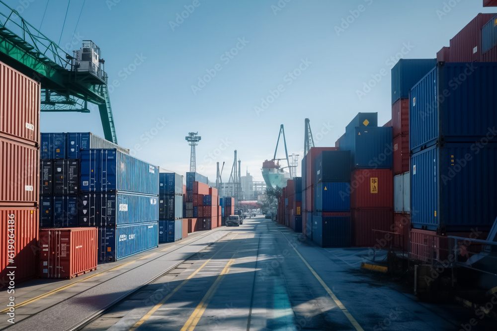 Cargo containers lined up for export, with a towering mast in the ...