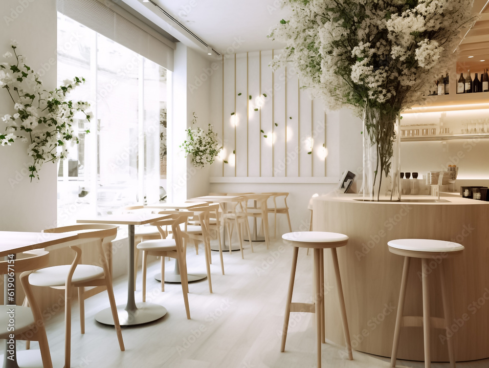 Interior design of a cafe with white counter, bakery display, wooden ...