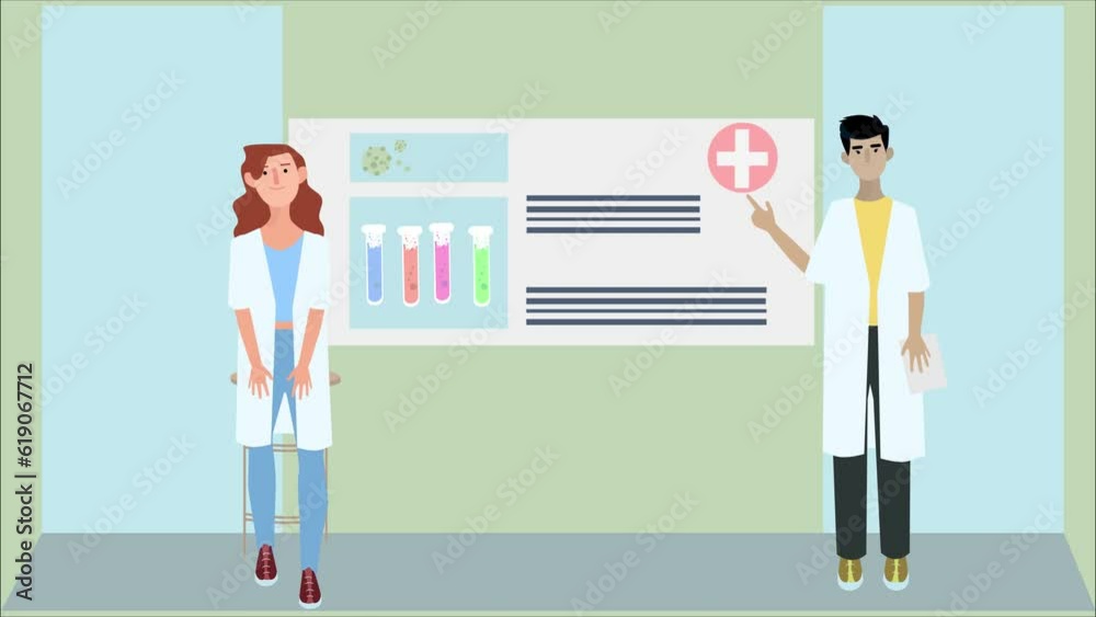 2D animation illustration of male and female doctors telling important ...
