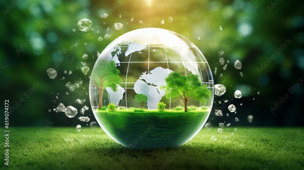Glass globe in green forest with the icon environment of ESG, co2 ...