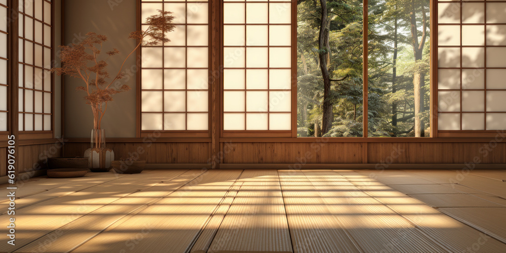 Vacant classic Japanese-style space featuring tatami mat flooring ...