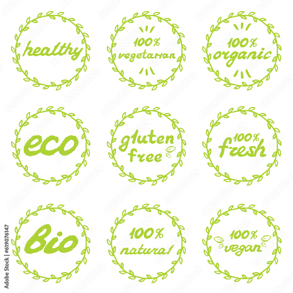Eco, organic, bio, fresh, natural, vegan, vegetarian, gluten free signs ...