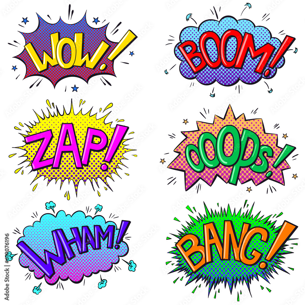 Comics text sound effects. Bubble speech phrases Boom, Wow, Zap, Oops ...