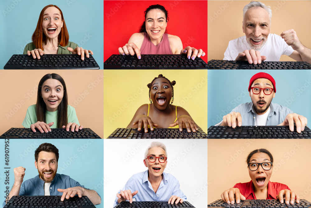 Group of multiracial smiling different business people typing on ...