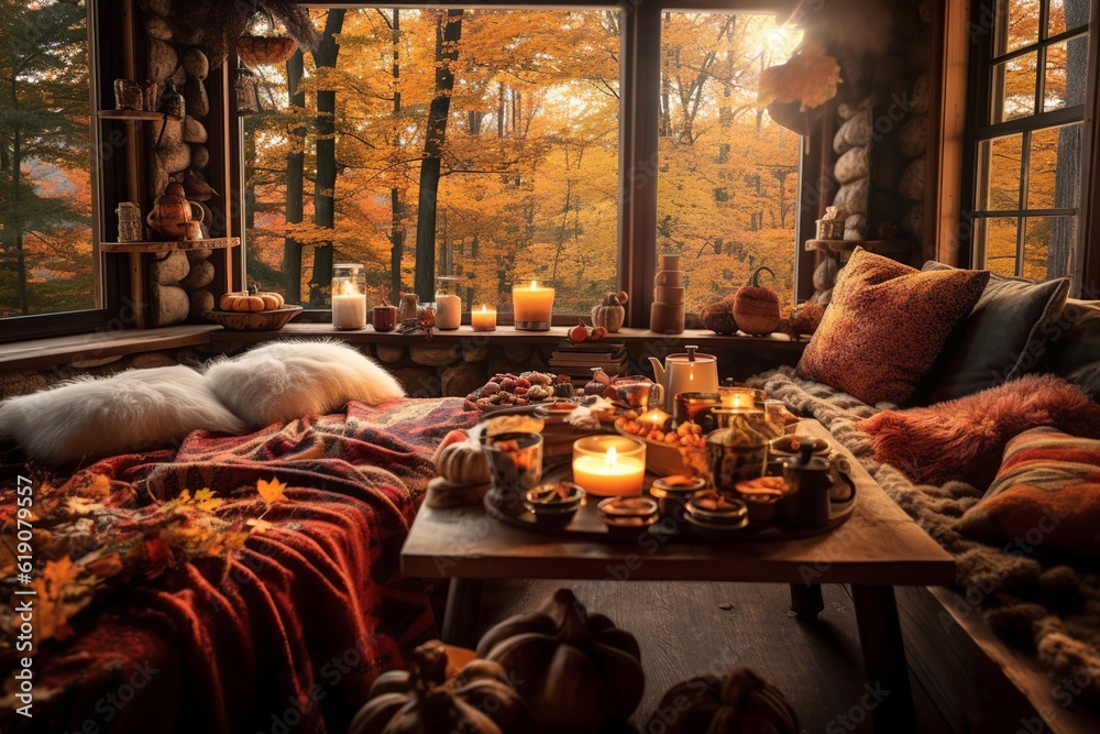 cozy warm autumn style decoration interior in a wooden log with big ...