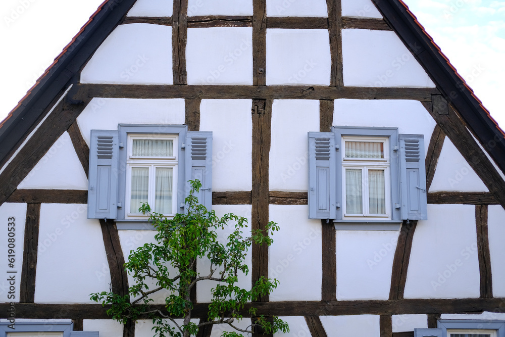 part of historic building, beautiful facade ancient half-timbered house ...