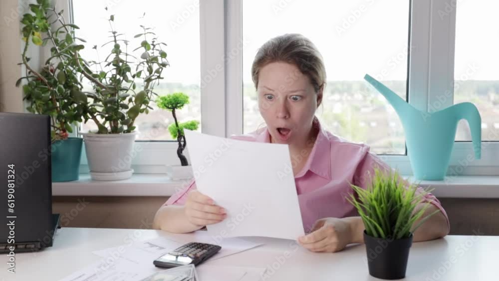 Vídeo do Stock: Woman's reaction to bills and fees in bank documents ...