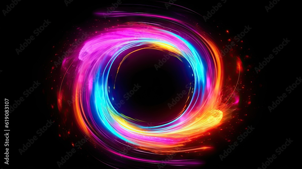 Vortex of neon lights with black hole center isolated on black ...
