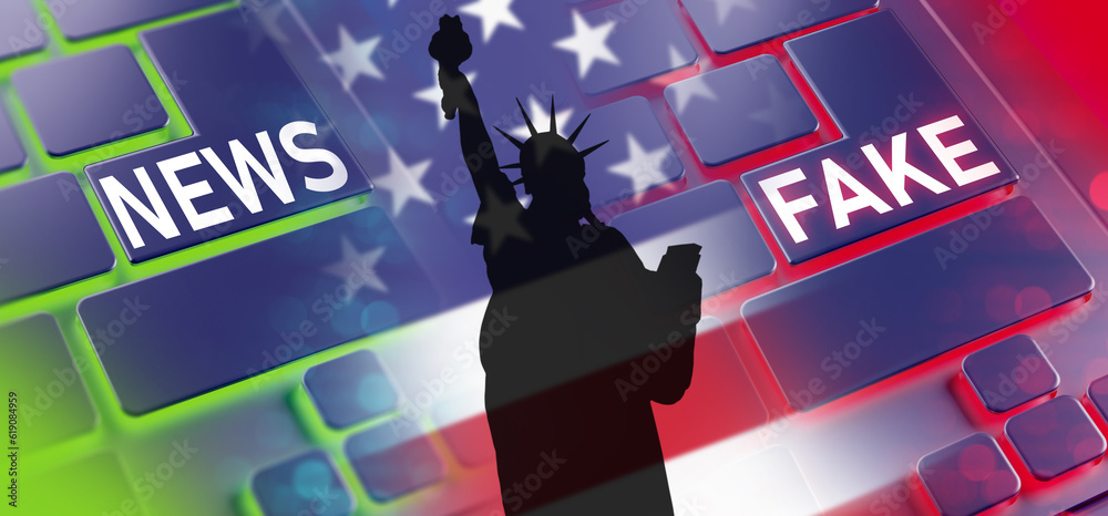 Fake news. Disinformation in USA. Silhouette of statue of liberty ...
