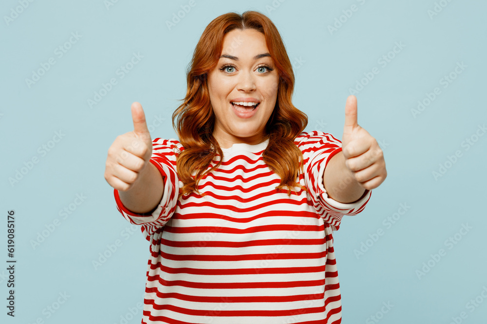 Young Happy Smiling Fun Chubby Overweight Woman Wear Striped Red Shirt