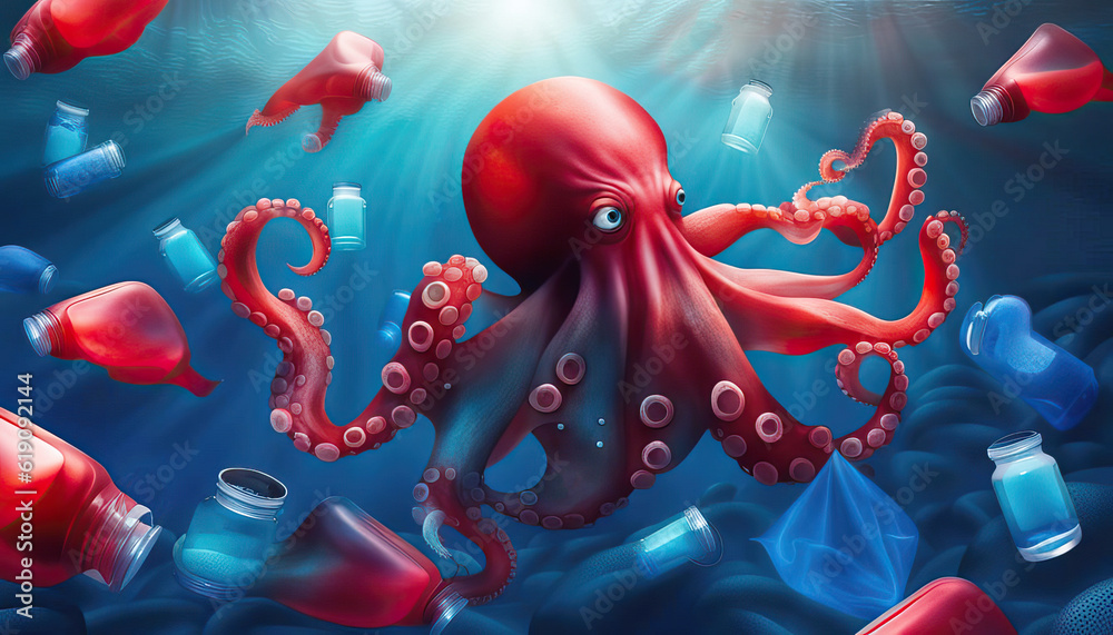 ภาพประกอบสต็อก Octopus surrounded by plastic garbage Concept marine ... ภาพประกอบสต็อก Octopus surrounded by plastic garbage Concept marine ...