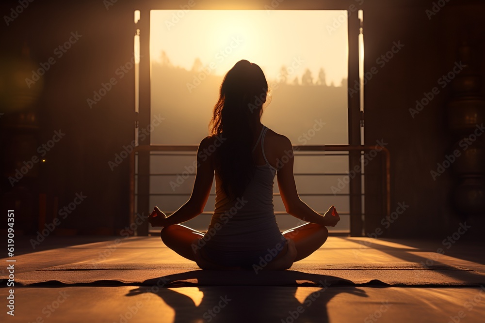 Root chakra, a girl is busy in yoga position contrasting sun during sun ...