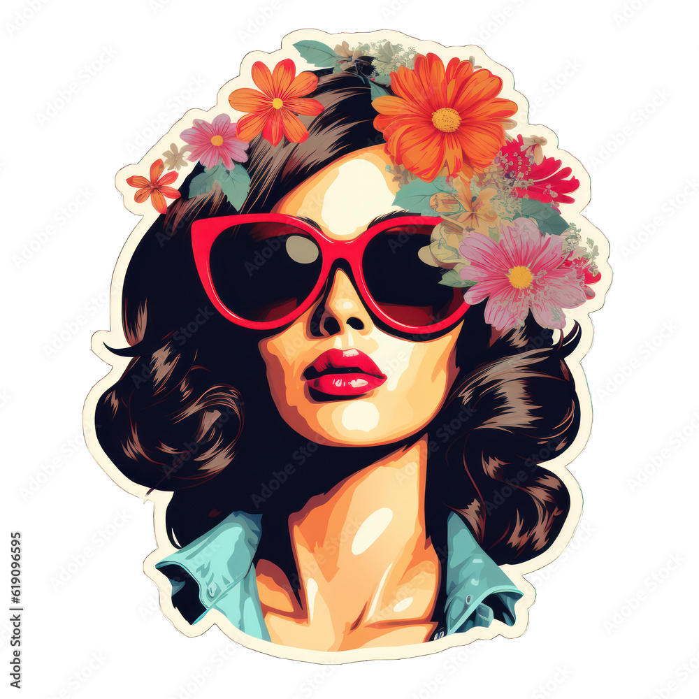 female energy flower power illustration sticker, woman surrounded by ...