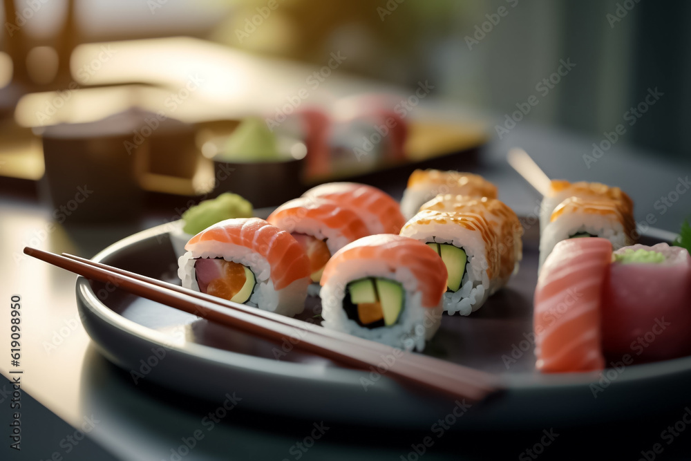 3D Mocking up model of delicious Japanese food with sushi. Assorted ...