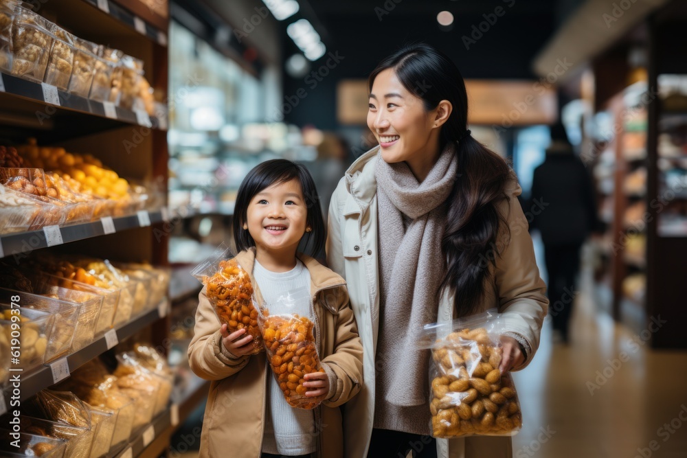 Beautiful Asian mother holding a basket of groceries with her child ...