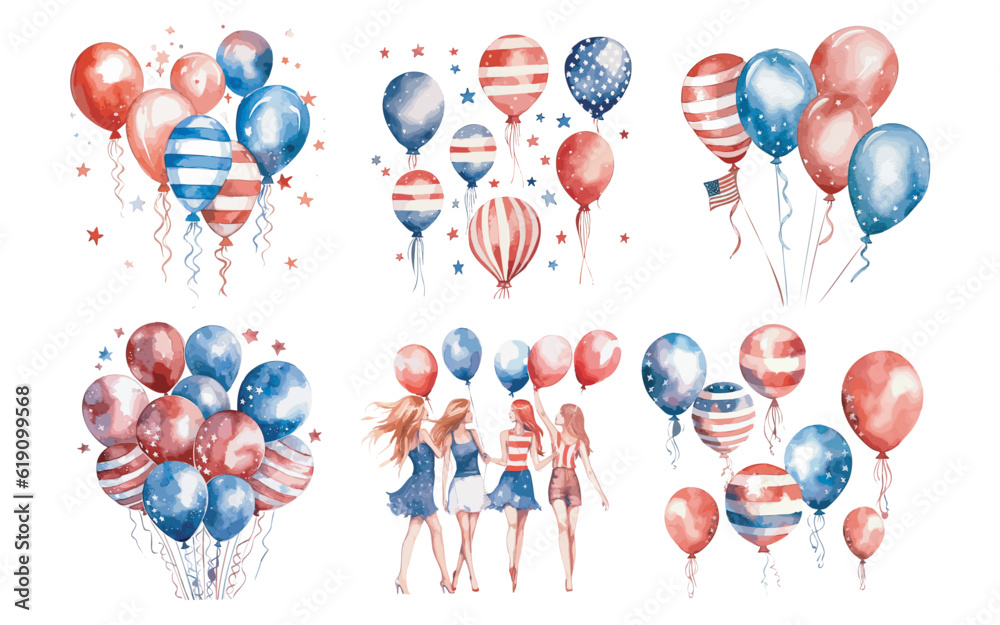 watercolor 4th of July Balloons clipart for graphic resources Stock ...