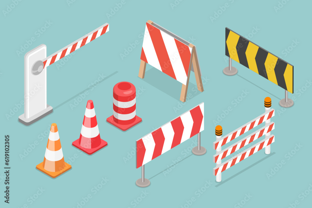 3D Isometric Flat Vector Set of Traffic Road Barriers , Roadblocks and ...