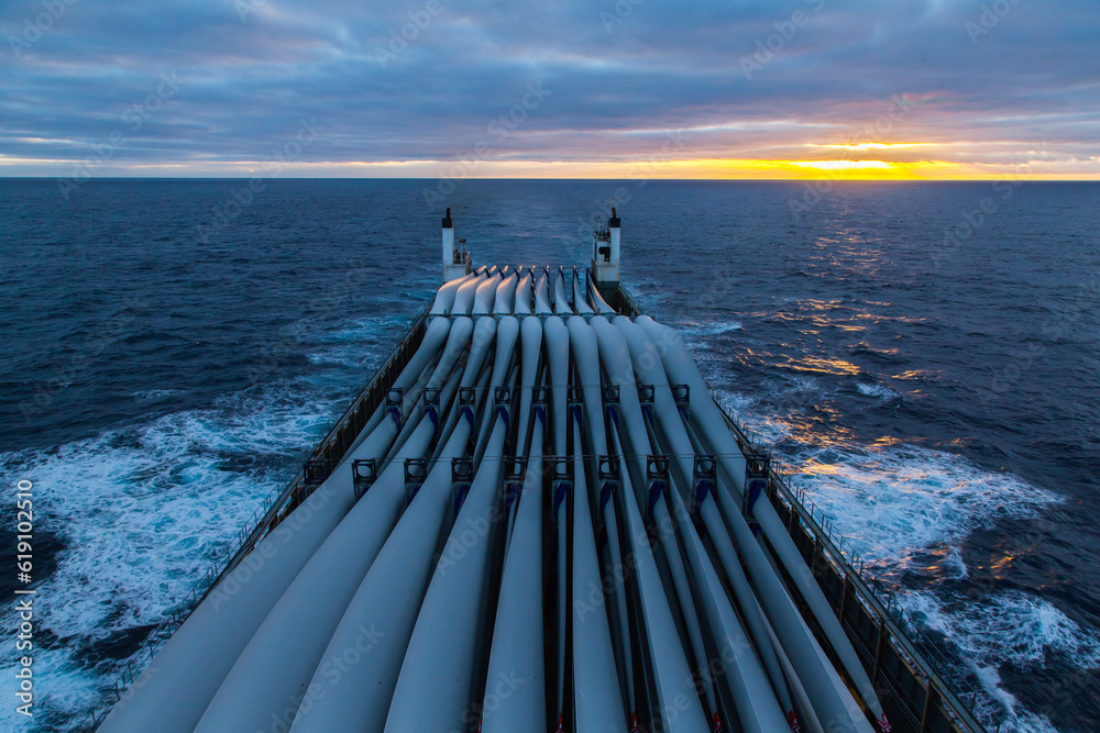 Transportation of blades for wind turbines on a cargo ship across the ...