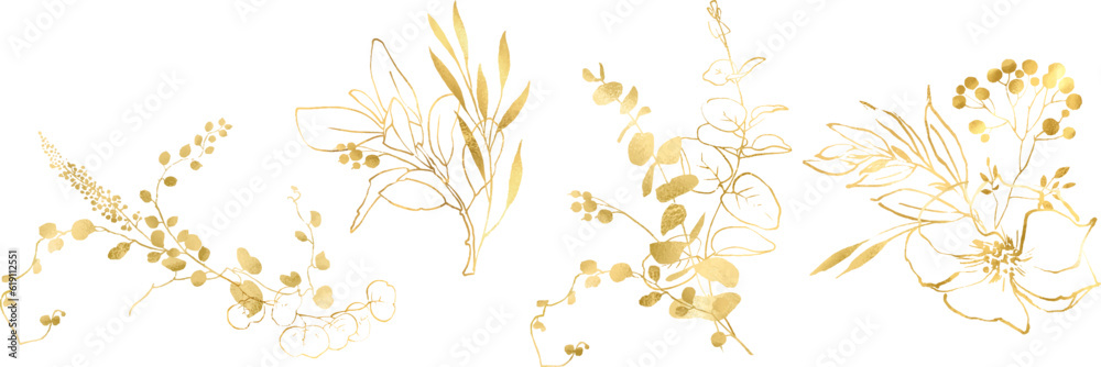 Botanical line art silhouette golden leaves, Golden Linear floral ...