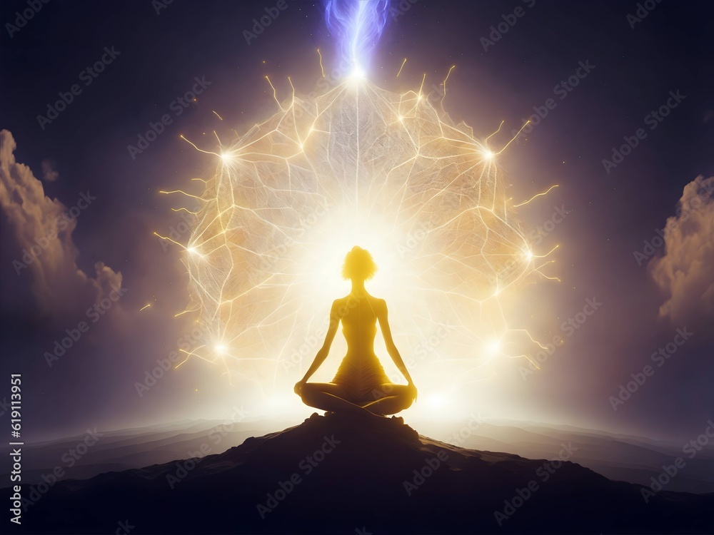 Yoga in universe. Meditation banner. Human in a lotus pose. Symbol of ...