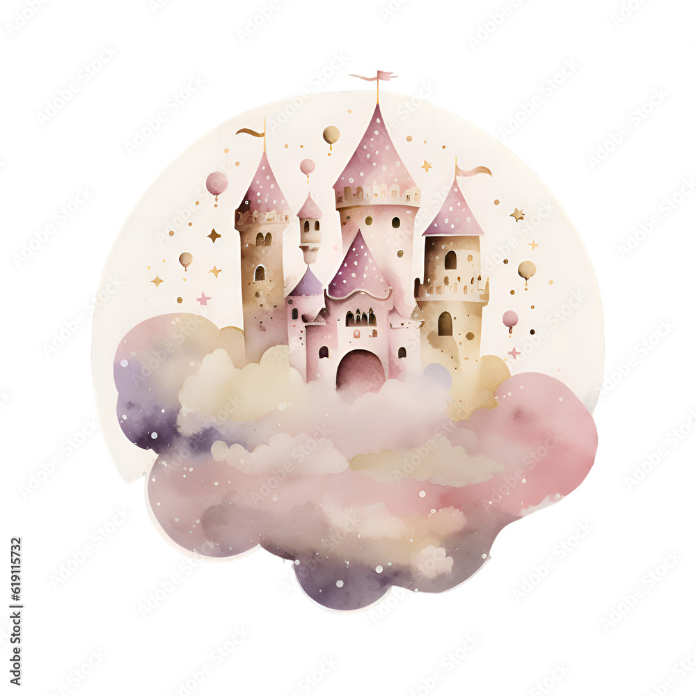 Watercolor cute pink castle on the cloud illustration Generative AI ...