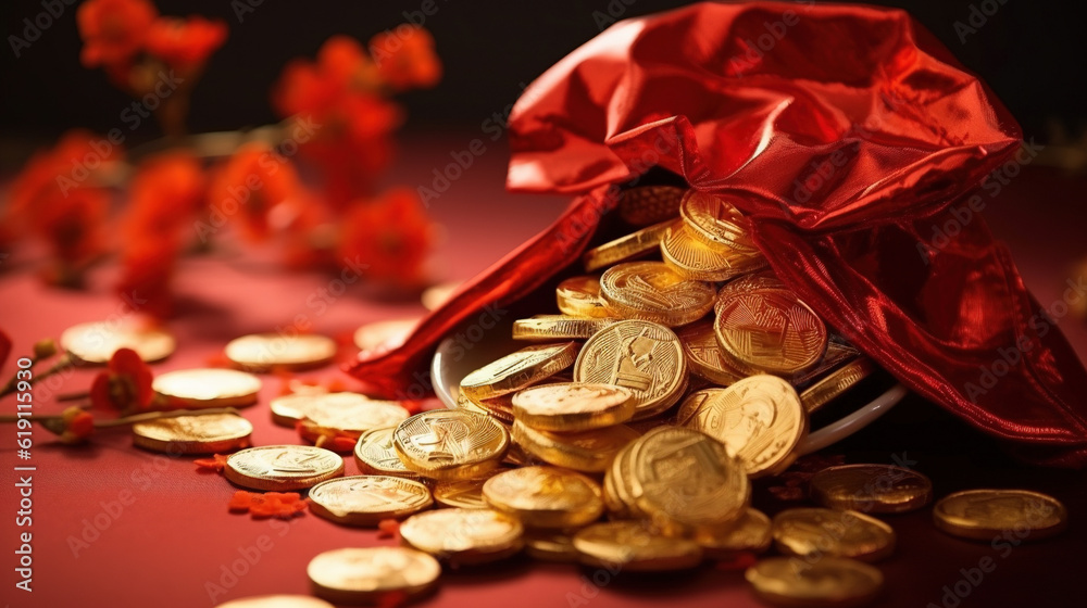Chinese new year decorations made from red packet and gold ingots or ...