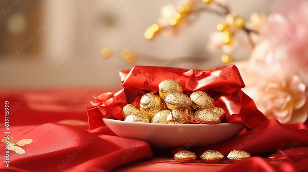 Chinese new year decorations made from red packet and gold ingots or ...