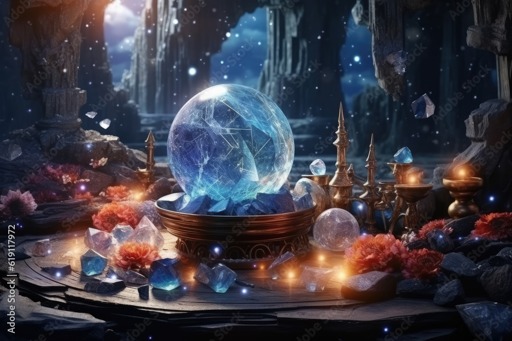 Beautiful esoteric and mystical altar for meditation with crystals and ...