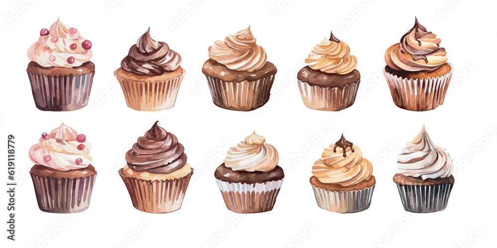 watercolor chocolate Cupcake clipart for graphic resources Stock Vector ...