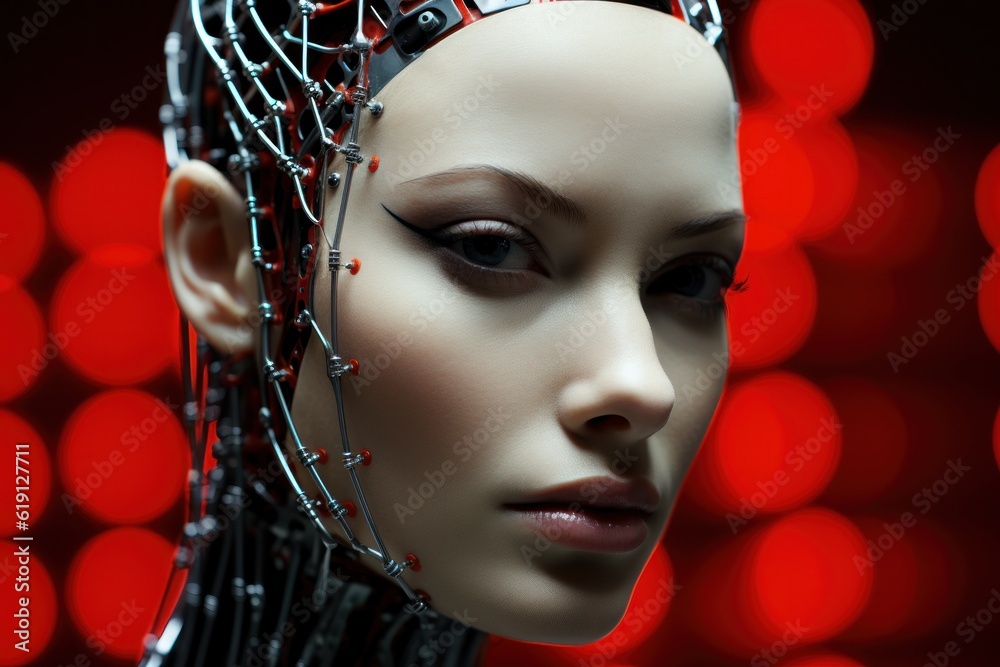 Portrait of a futuristic female robot. An artistic abstract steampunk ...