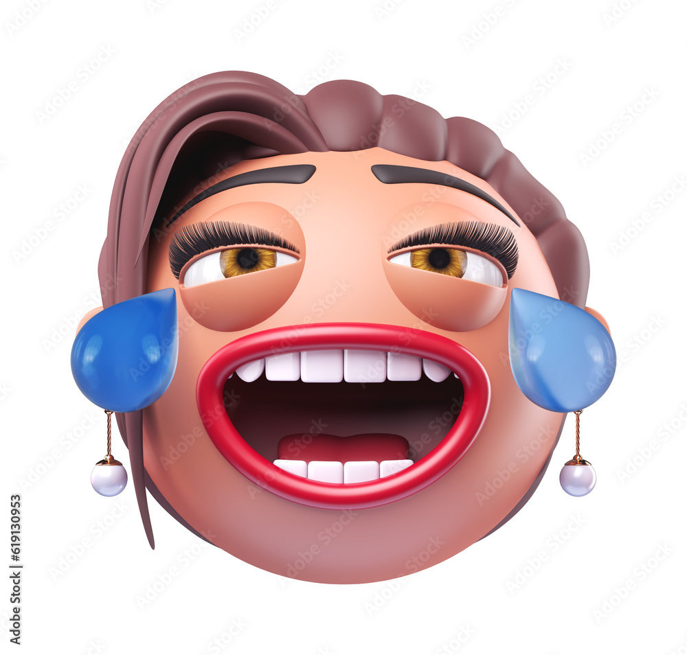 Emoji face with tears of joy of glamour woman. Cartoon smiley on ...
