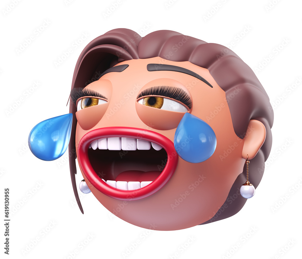 Emoji face with tears of joy of glamour woman. Cartoon smiley on ...