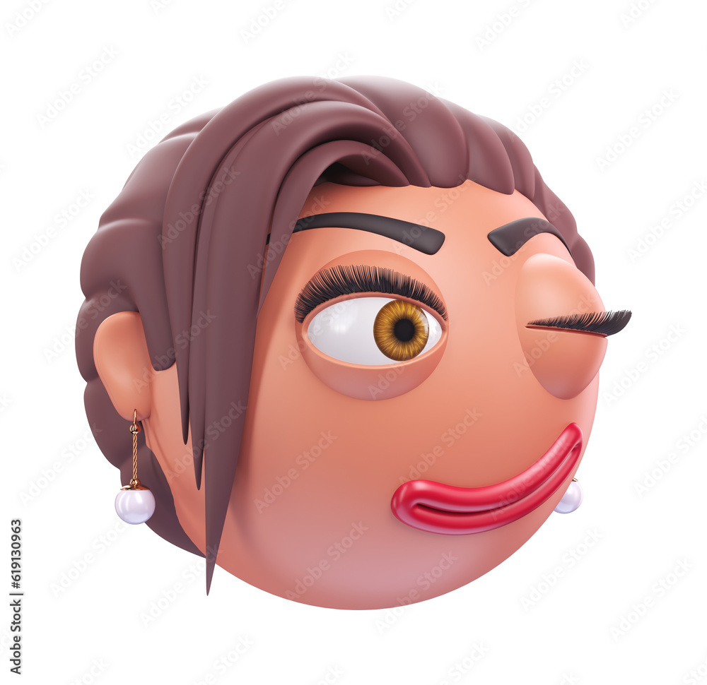 Emoji winking face of glamour woman. Cartoon smiley on transparent ...