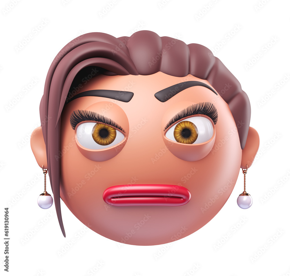 Emoji face with raised eyebrow of glamour woman. Cartoon smiley on ...