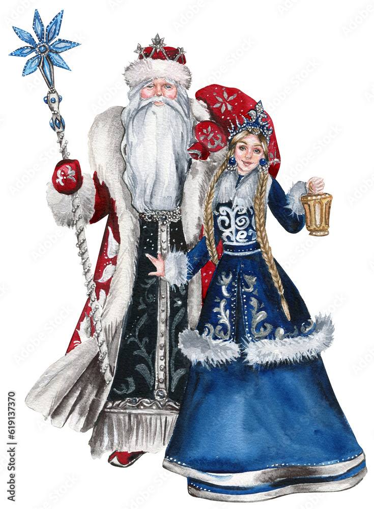 Santa Claus with Christmas stick, long white beard in red coat with ...