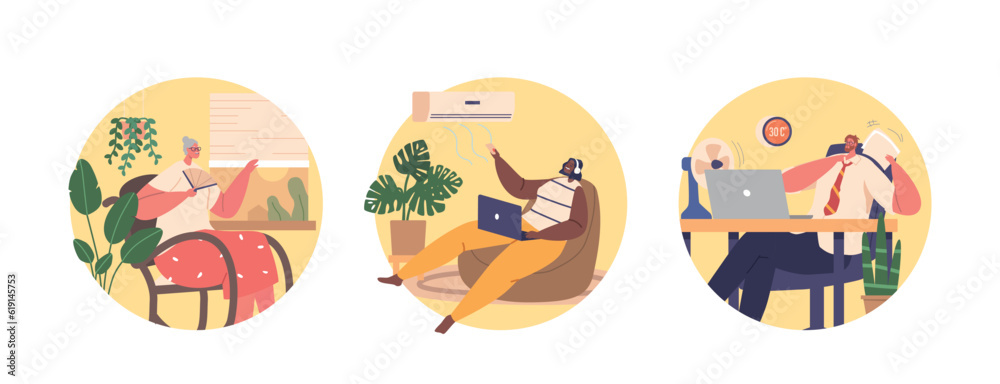 Isolated Round Icons with Characters Endure Heat, Seeking Shade And ...