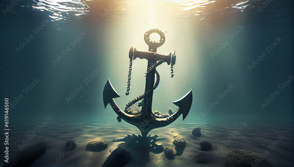 Anchor on the sea. Illustration of big iron anchor underwater view Ai ...