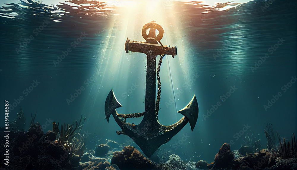 Anchor on the sea. Illustration of big iron anchor underwater view Ai ...